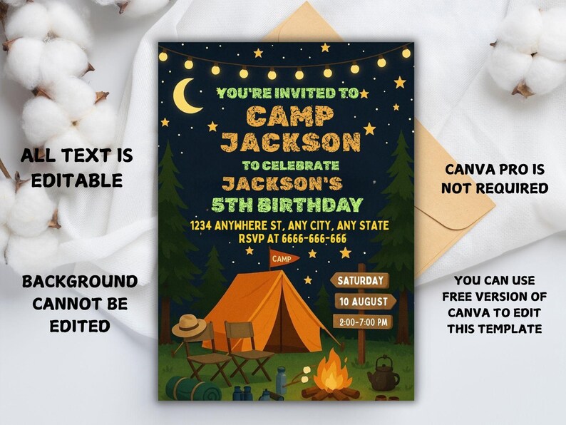 Camping Birthday Invitation, Adventure Forest Party (editable) - Etsy