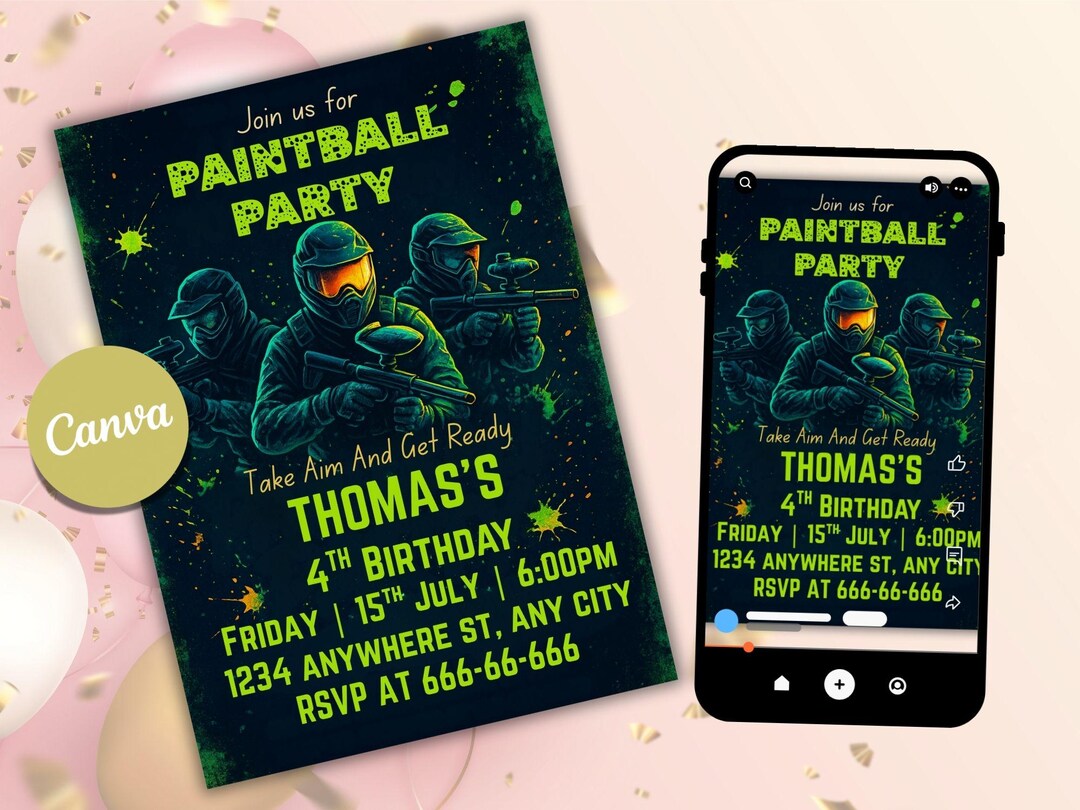 Editable Paintball Invitation Template, Paint Ball Party Invite, Paint ...