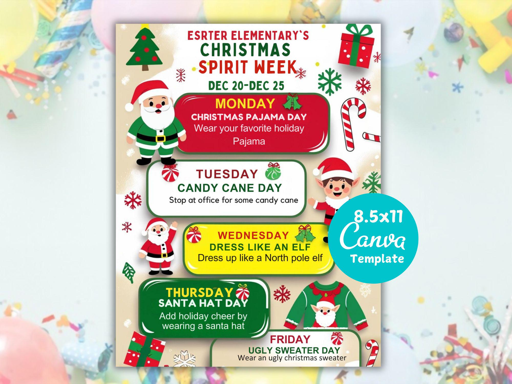 Holiday School Spirit Week Flyer, Editable Christmas Itinerary (digital ...