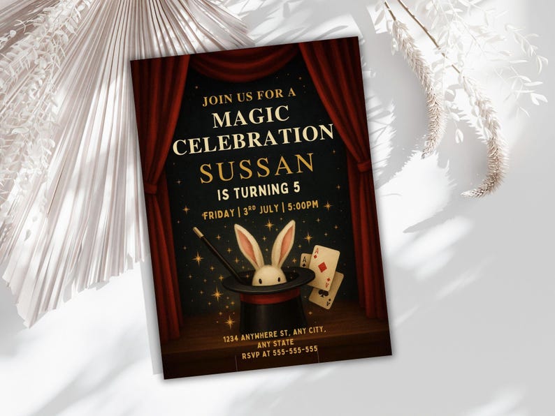Editable Magic Birthday Invitation Template: Magician Party Evite (5x7 ...