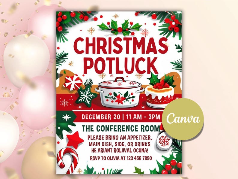 Christmas Potluck Flyer & Sign up Sheet Set | Editable Canva Template ...