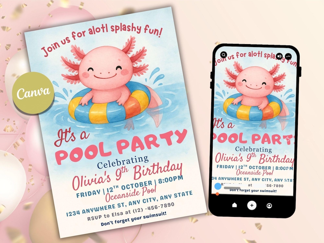 Editable Axolotl Pool Party Invitation for Girls, Pink Swimming ...