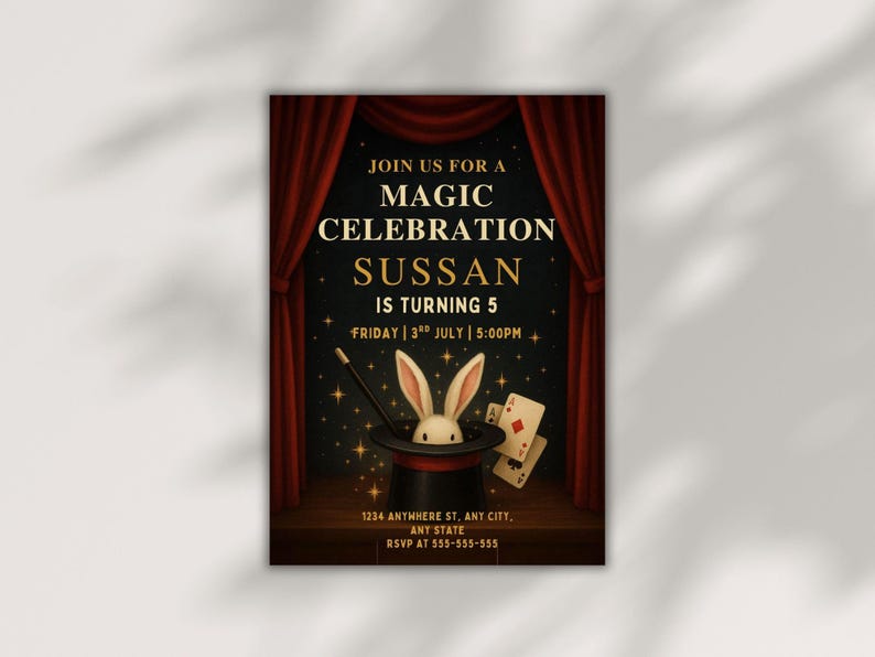 Editable Magic Birthday Invitation Template: Magician Party Evite (5x7 ...