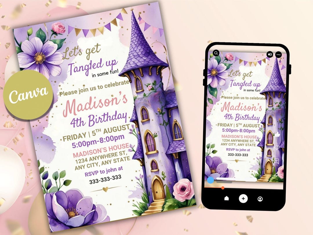 Purple Princess Birthday Invitation: Editable Fairytale Party (digital ...