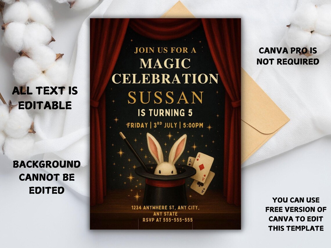Editable Magic Birthday Invitation Template: Magician Party Evite (5x7 ...