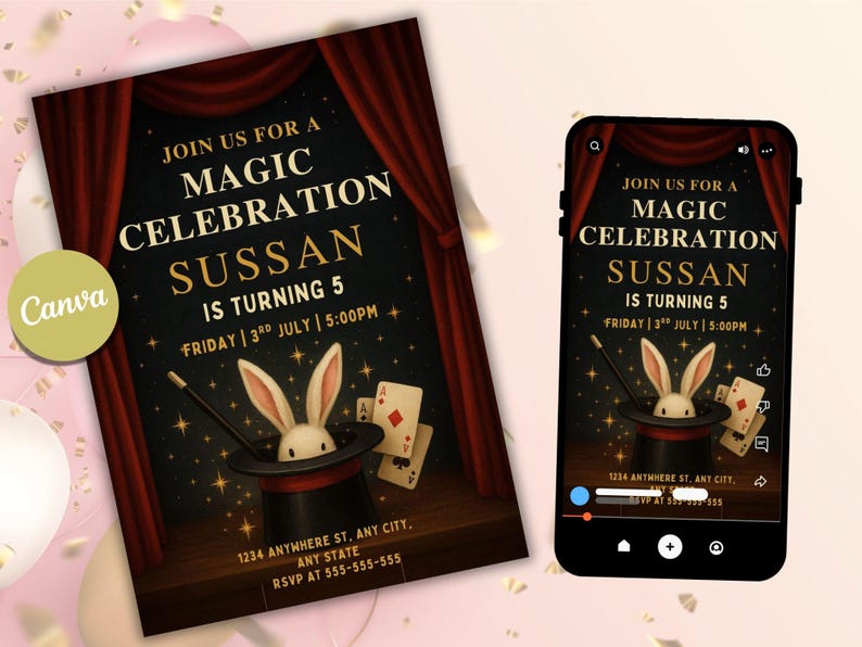 Editable Magic Birthday Invitation Template: Magician Party Evite (5x7 ...