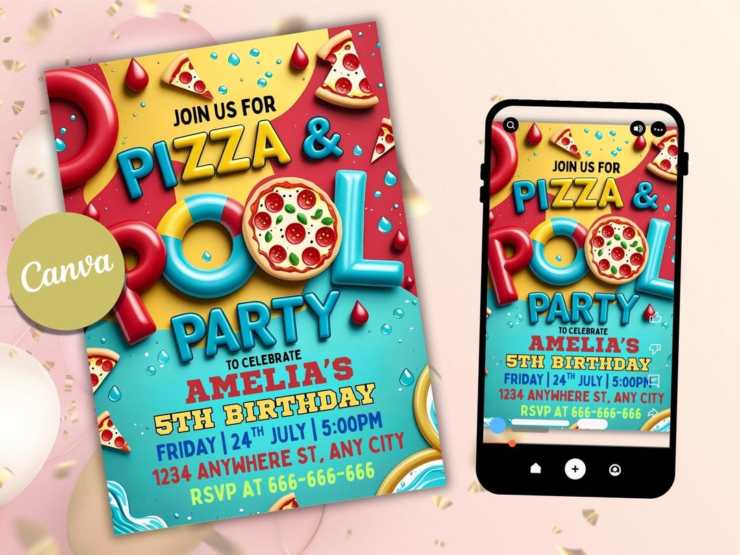 Editable Pizza Pool Party Invitation, Pizza and Pool Party Invite, Boy ...