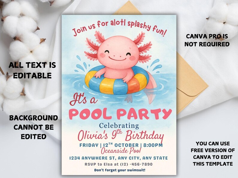 Editable Axolotl Pool Party Invitation for Girls, Pink Swimming ...