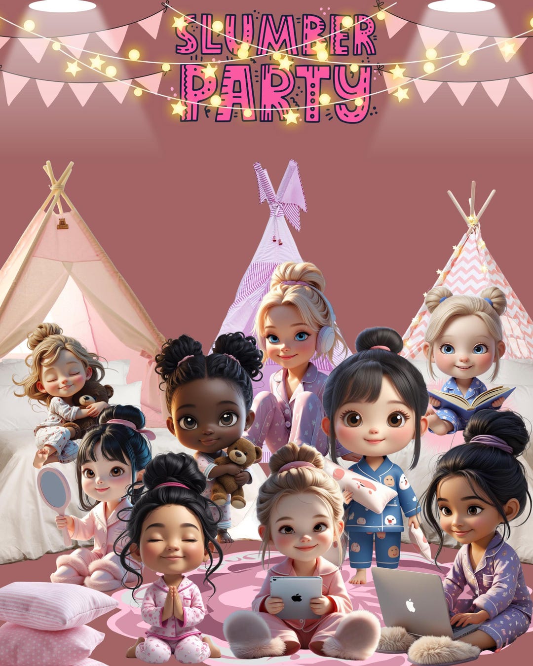 Girls Pajama Party Clipart PNG Sleepover Slumber Party Graphics Cute ...