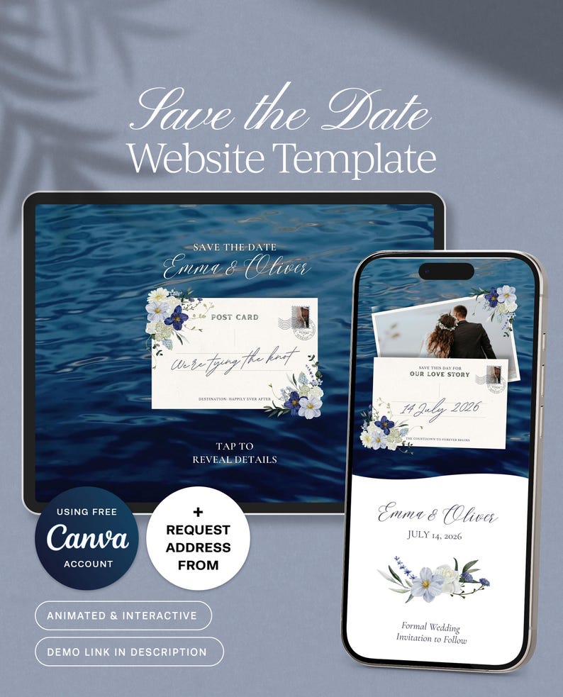 Sapphire Blue Save the Date Website, Vintage Postcard Wedding ...