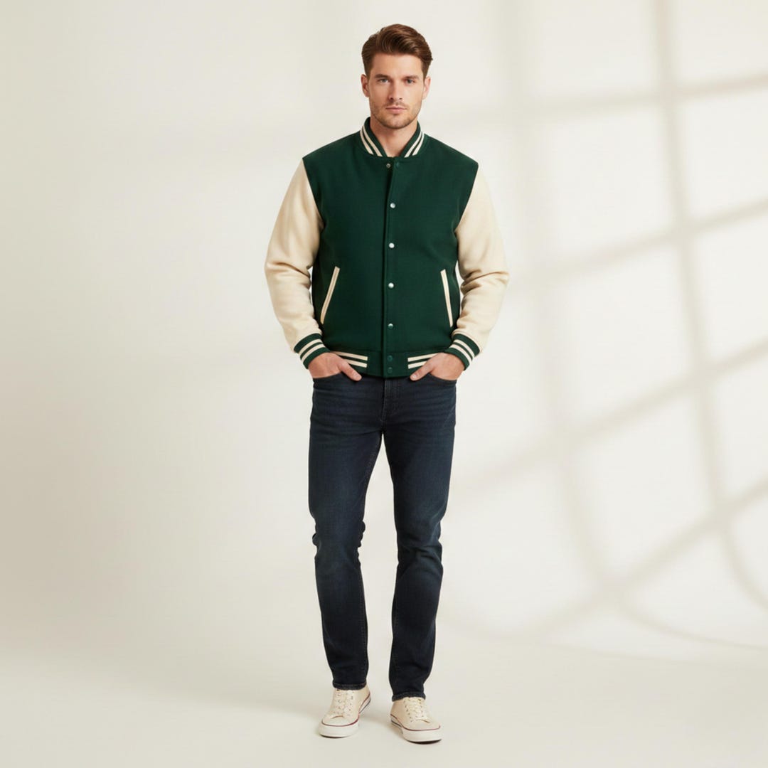 Dark Green & Beige Varsity Jacket | Men’s Fleece Letterman | Gift for ...