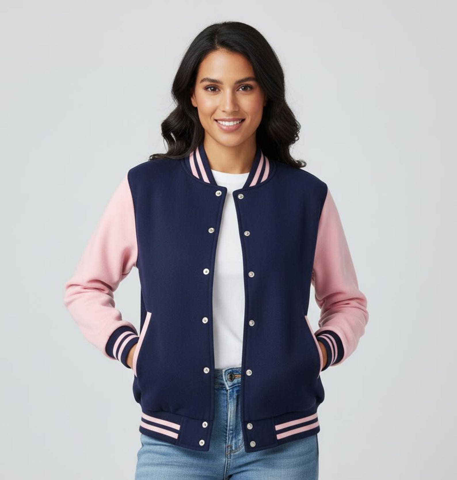 Navy & Pink Fleece Varsity Jacket | Raglan Sleeve Bomber - Etsy