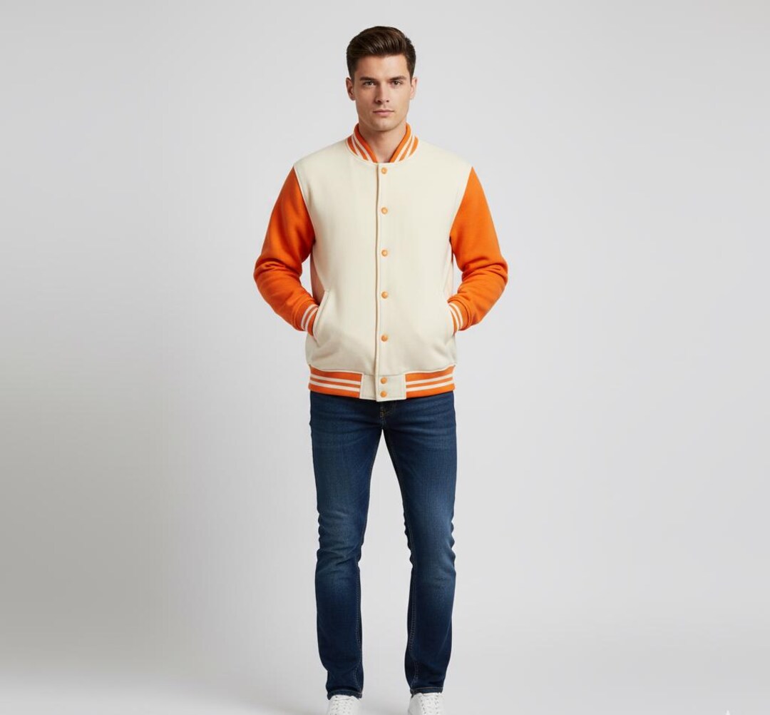 Men's Beige & Orange Fleece Varsity Jacket | Retro Letterman Bomber ...