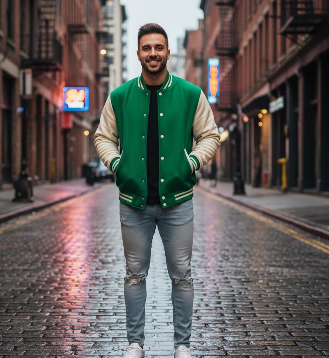 Green & Beige Varsity Jacket | Men’s Fleece Letterman - Etsy