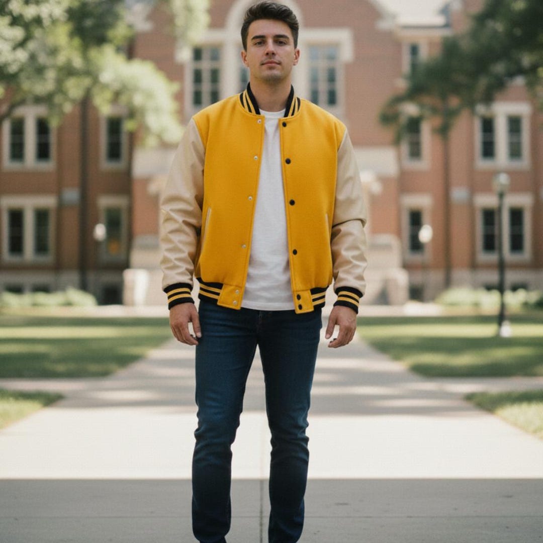 Men's Yellow Fleece Varsity Jacket | Beige Sleeve Letterman Bomber ...