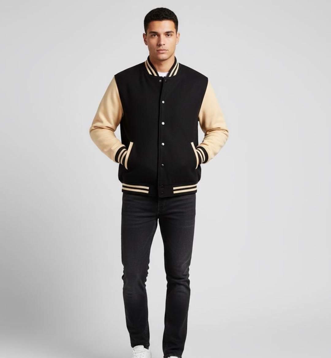 Men’s Black & Beige Varsity Jacket | Unisex Fleece Letterman Coat ...