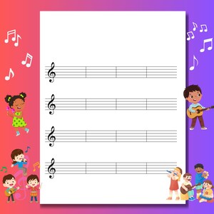 Blank Music Worksheet for Kids | A4 Staff Paper PDF | Treble and Bass ...