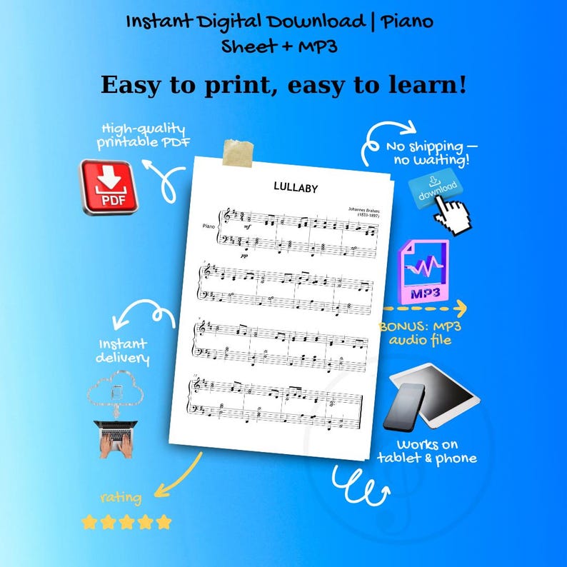 Brahms Lullaby for Grade 4 Piano Students - Sheet Music PDF With Finger ...
