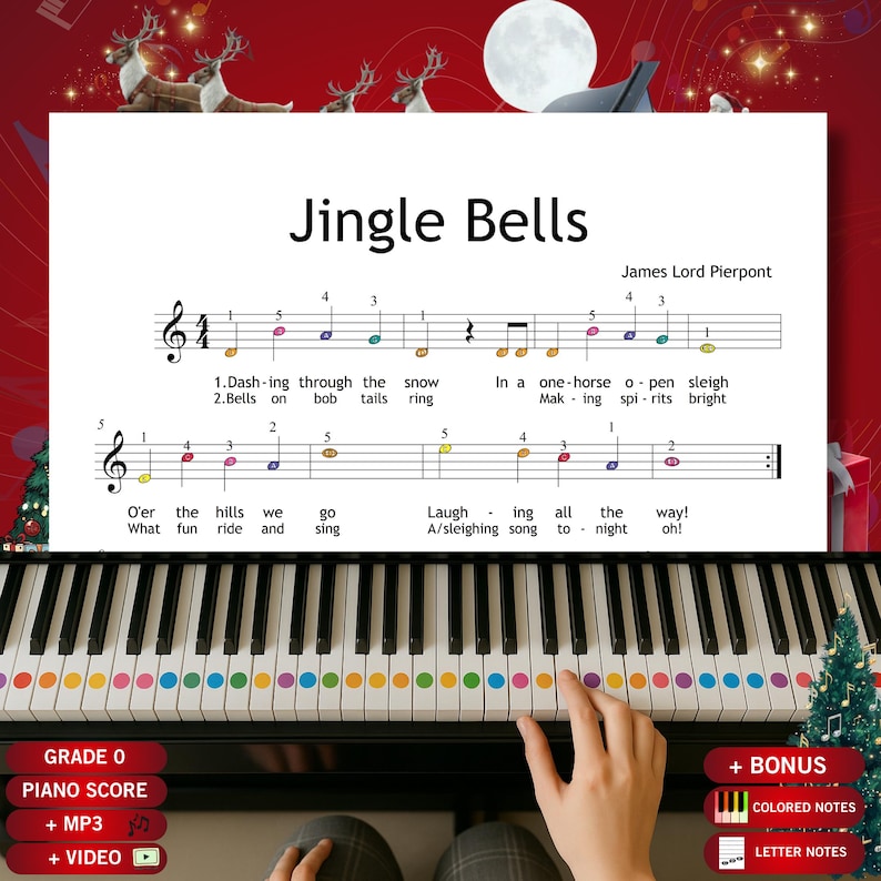 Jingle Bells - Grade 0 Very Easy Piano Sheet, Colorful Notes, Finger ...