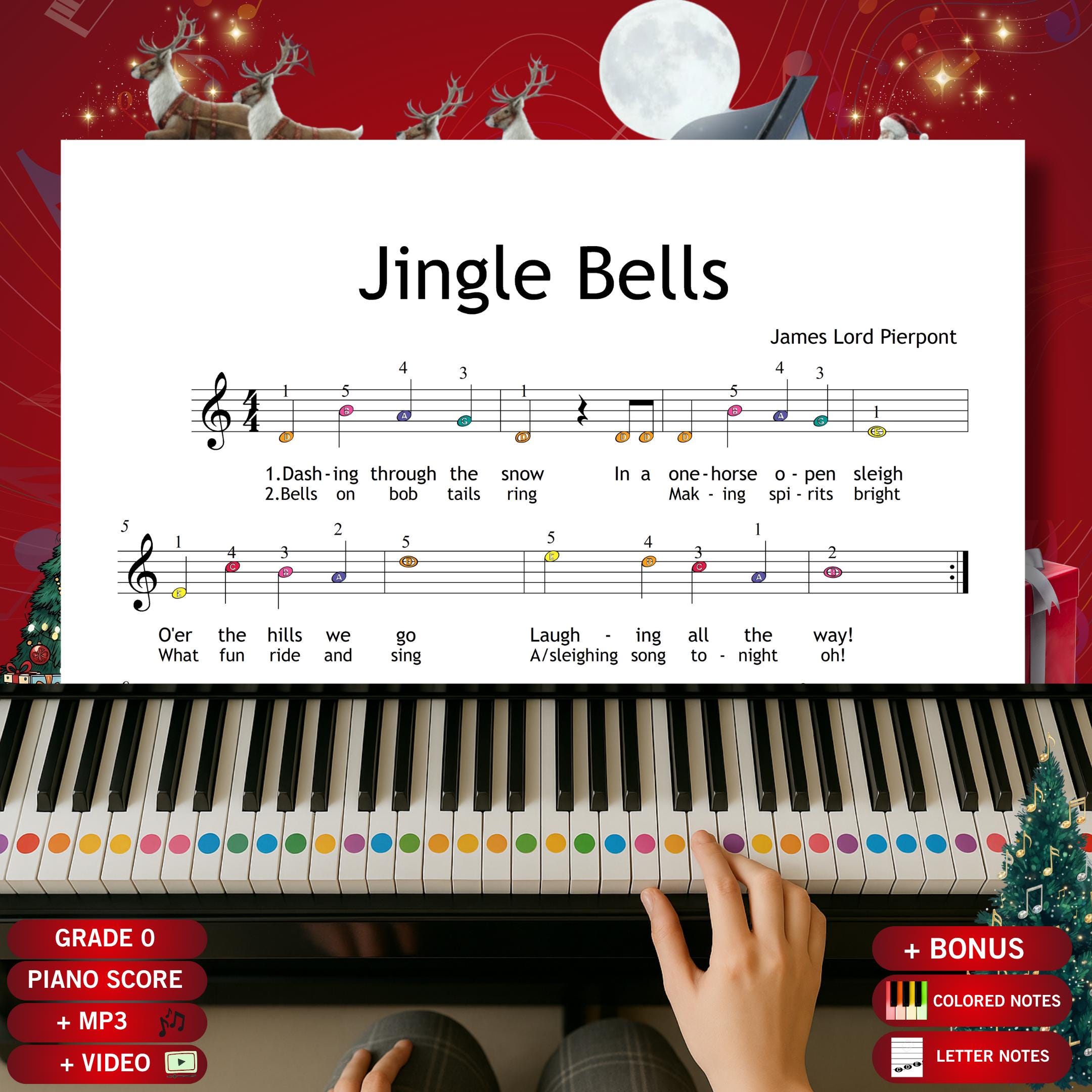 Jingle Bells - Grade 0 Very Easy Piano Sheet, Colorful Notes, Finger ...