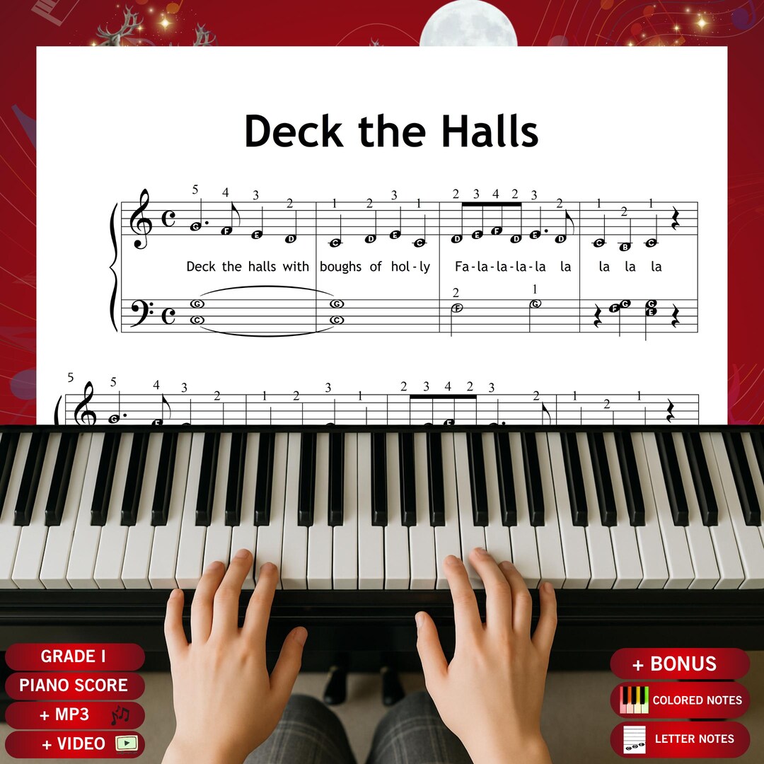 Deck the Halls – Grade 1 Easy Christmas Piano Sheet With Lyrics, Color ...
