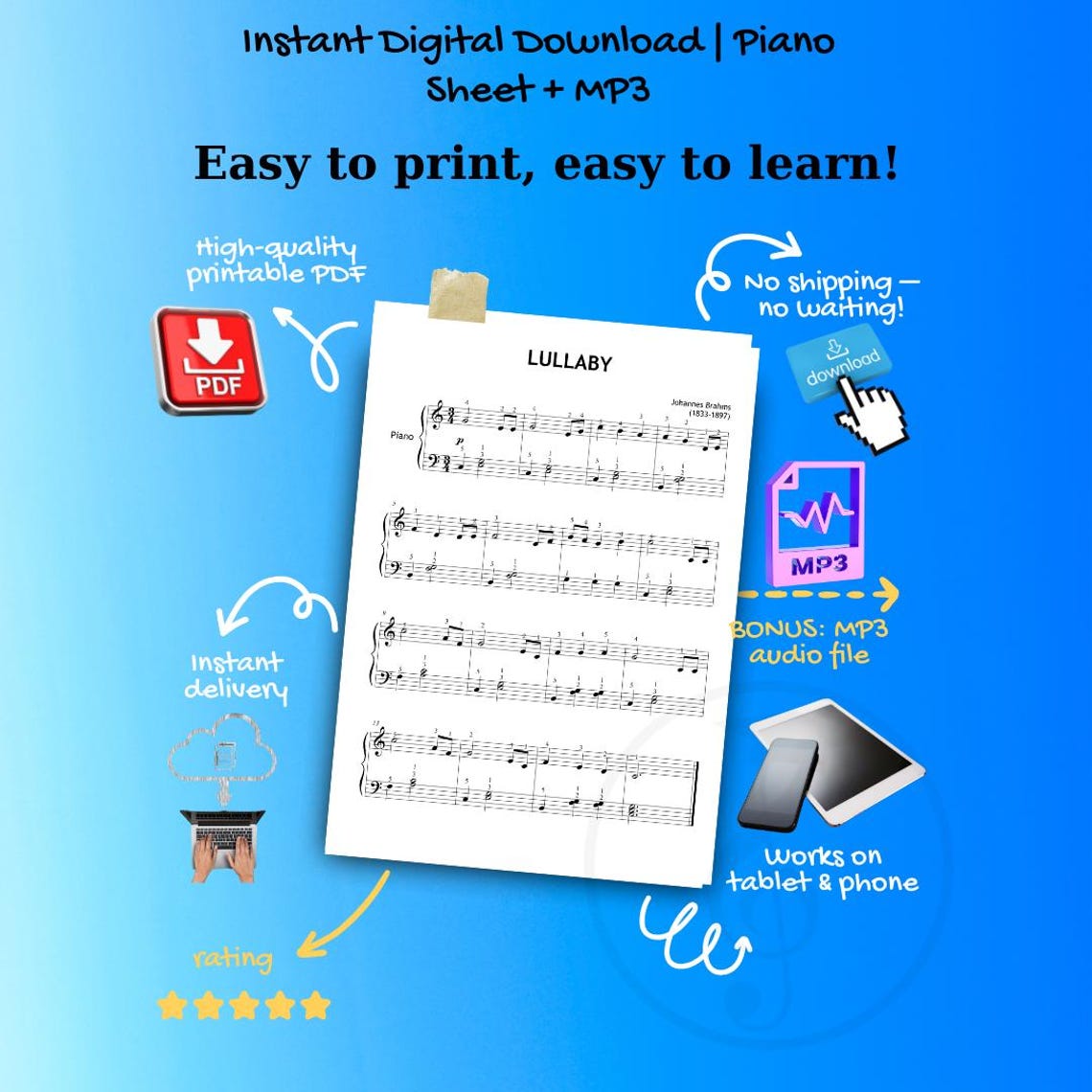 Brahms Lullaby - Grade 2 Easy Piano Sheet With Finger Numbers, Note ...