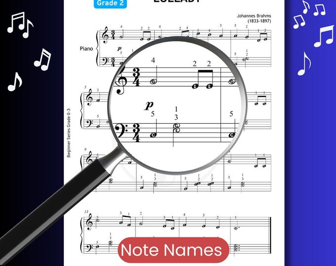 Brahms Lullaby - Grade 2 Easy Piano Sheet With Finger Numbers, Note ...