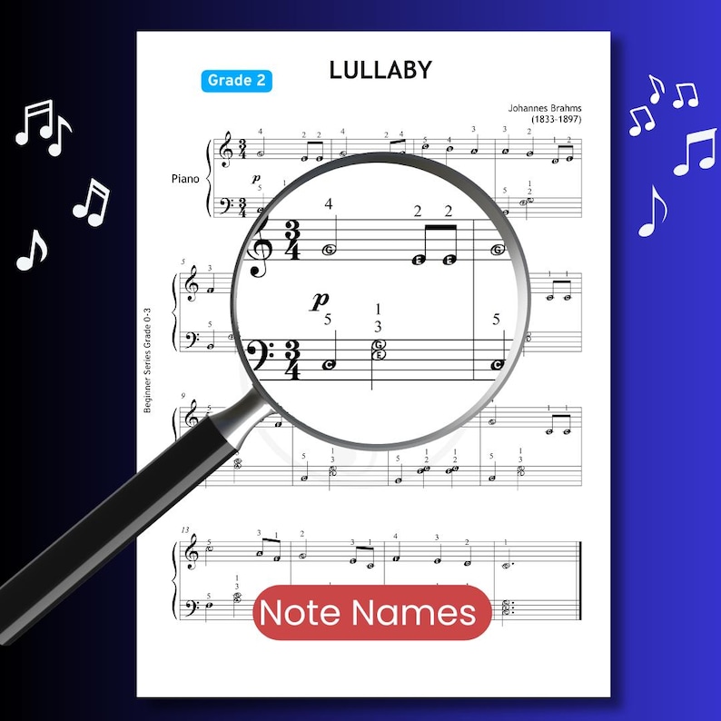 Brahms Lullaby - Grade 2 Easy Piano Sheet With Finger Numbers, Note ...