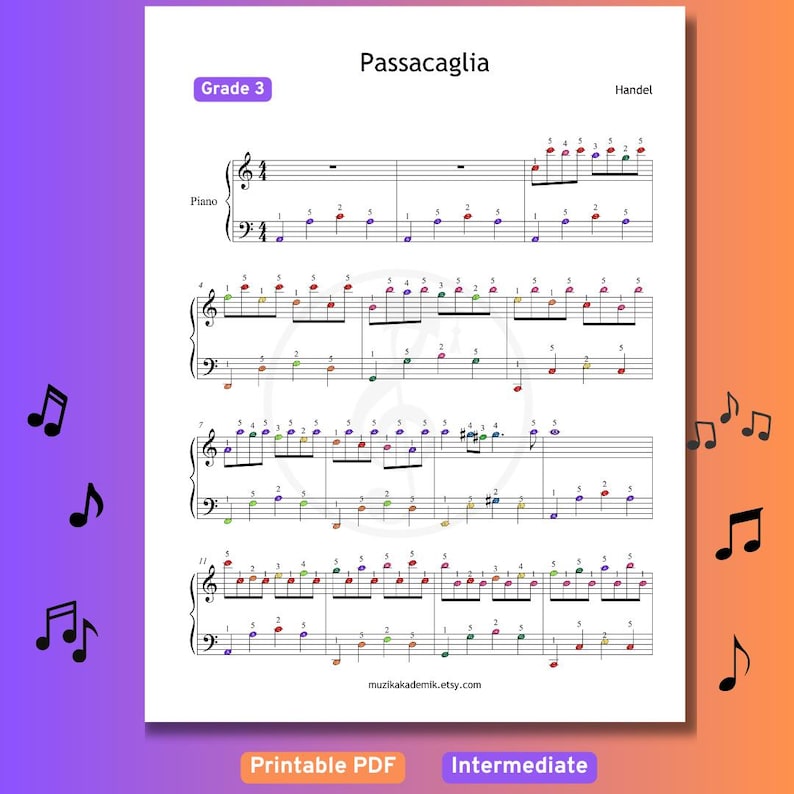 Passacaglia - Grade 3 Piano Sheet Music | Classical PDF + MP3 + Color ...