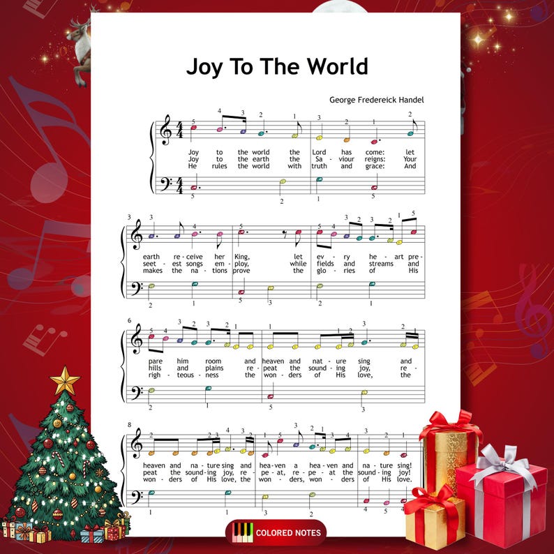 Joy to the World – Grade 1 Easy Piano Hymn Sheet With Lyrics, Color ...