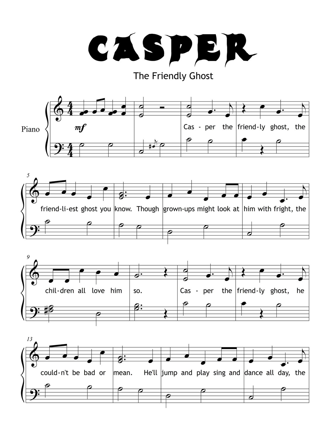 Casper Theme Song | Grade 1 Easy Piano Sheet | Simplified Halloween Music for Piano Teachers and ...