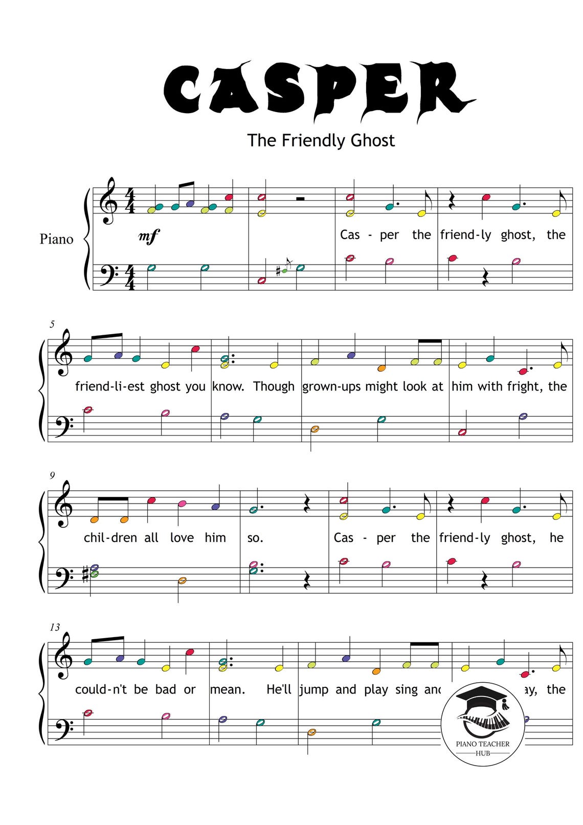 Casper Theme Song | Grade 1 Easy Piano Sheet | Simplified Halloween ...
