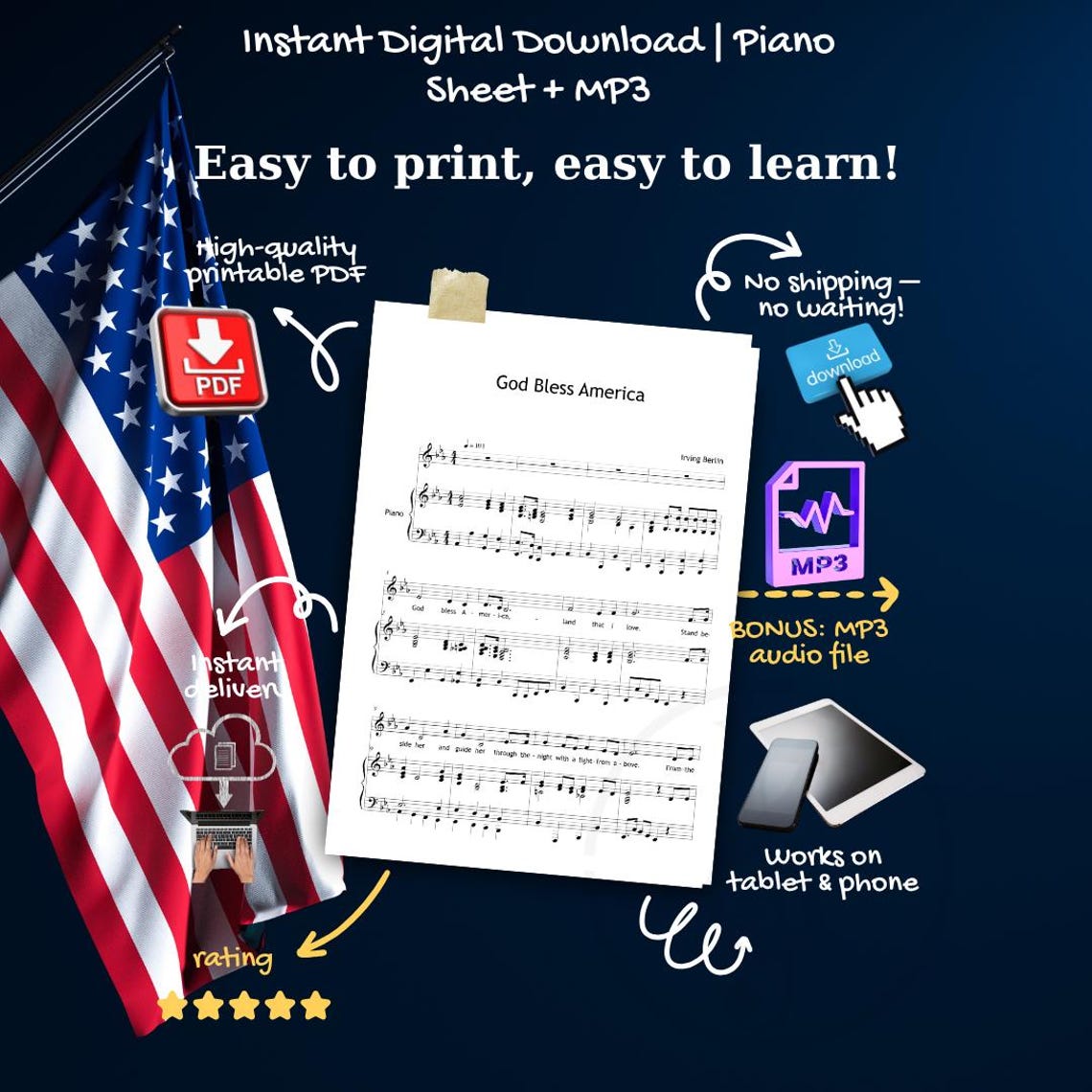 God Bless America - Piano and Vocal Sheet Music PDF for Teaching ...