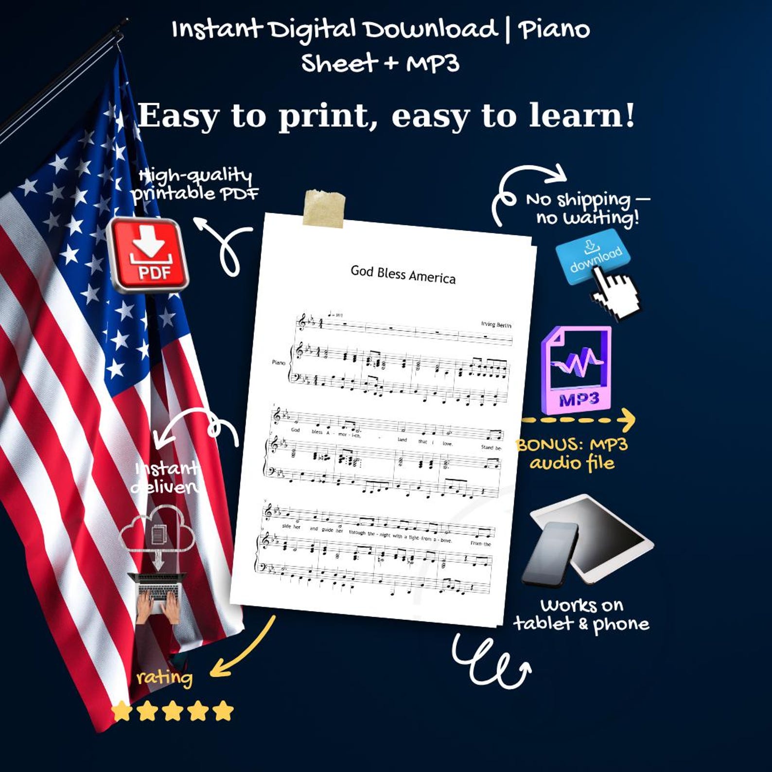 God Bless America - Piano and Vocal Sheet Music PDF for Teaching ...