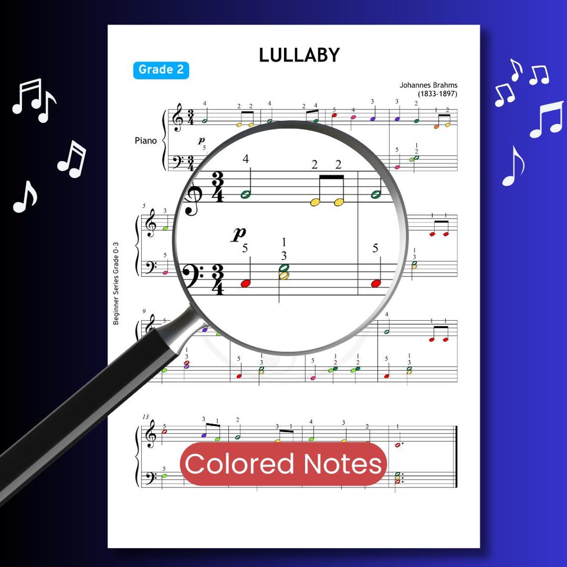 Brahms Lullaby - Grade 2 Easy Piano Sheet With Finger Numbers, Note ...