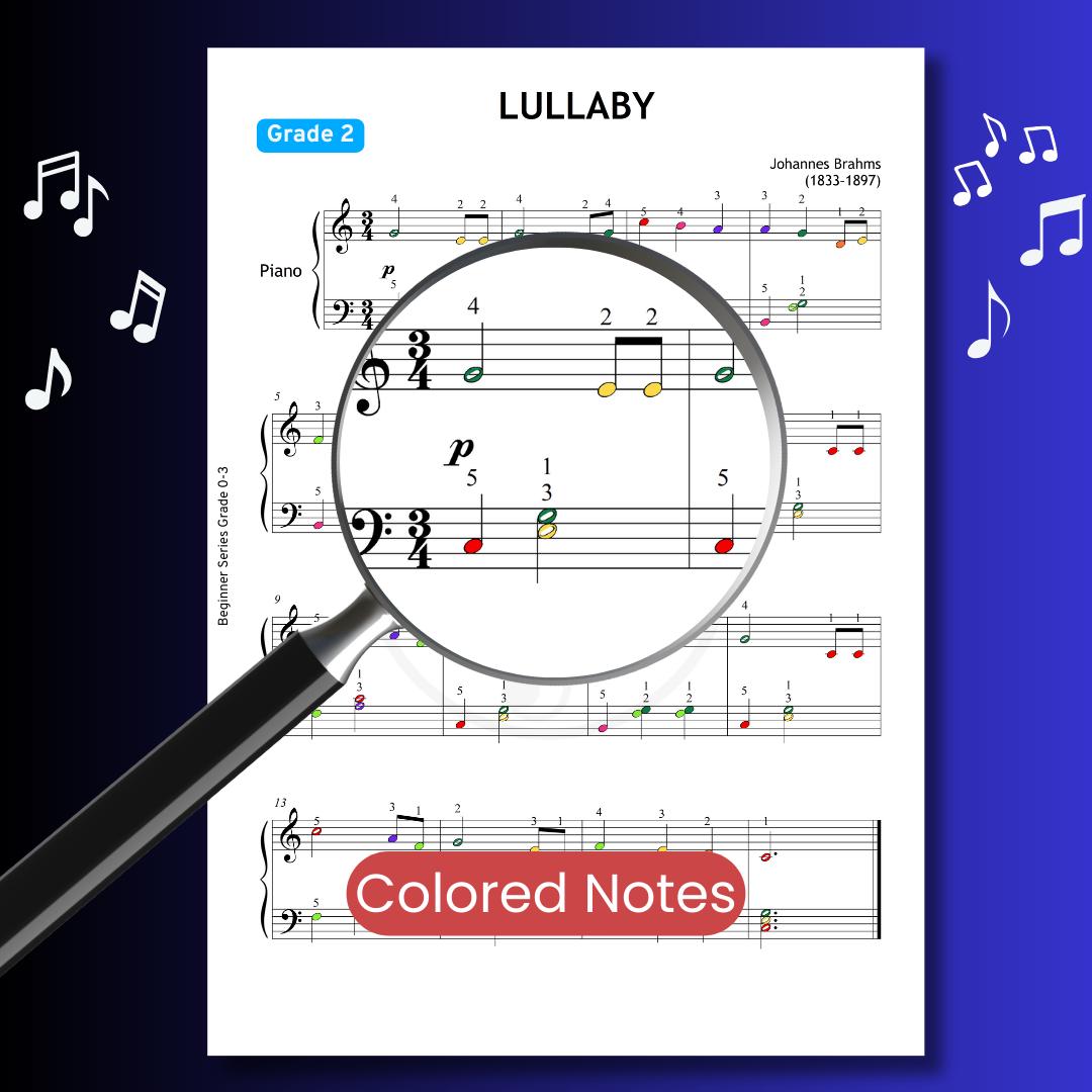 Brahms Lullaby - Grade 2 Easy Piano Sheet With Finger Numbers, Note ...