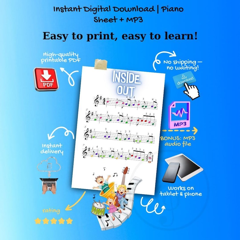 Inside Out - Grade 0 Very Easy Color-coded Piano Sheet Music for Kids ...