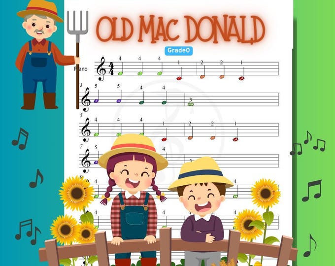 Old Macdonald Had a Farm - Grade 0 Very Easy Color-coded Piano Sheet ...