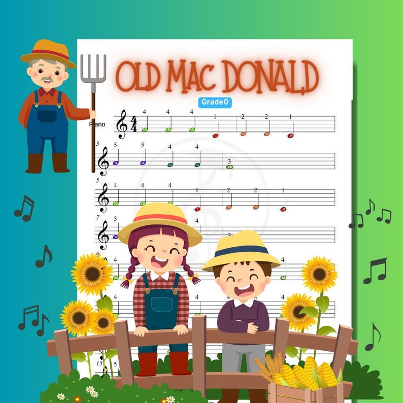 Old Macdonald Had a Farm - Grade 0 Very Easy Color-coded Piano Sheet ...