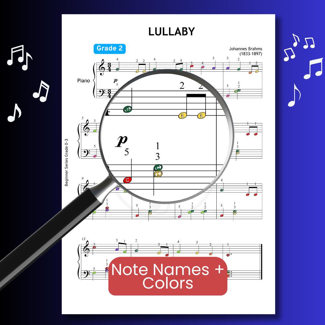 Brahms Lullaby - Grade 2 Easy Piano Sheet With Finger Numbers, Note ...