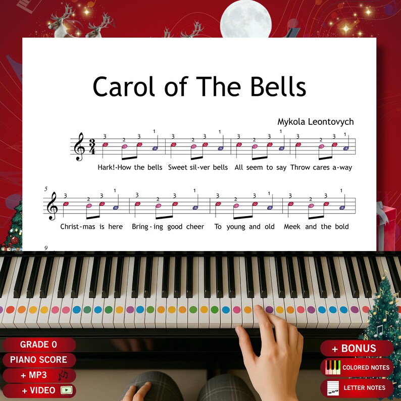 Carol of the Bells – Easy Piano Sheet for Beginners | Grade 0 | Color ...
