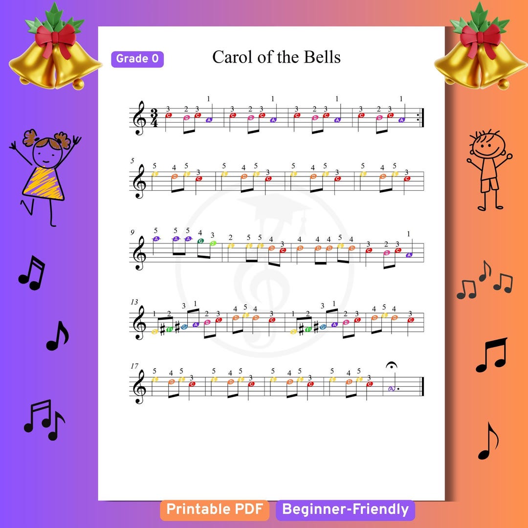 Carol of the Bells – Easy Piano Sheet for Beginners | Grade 0 | Color ...