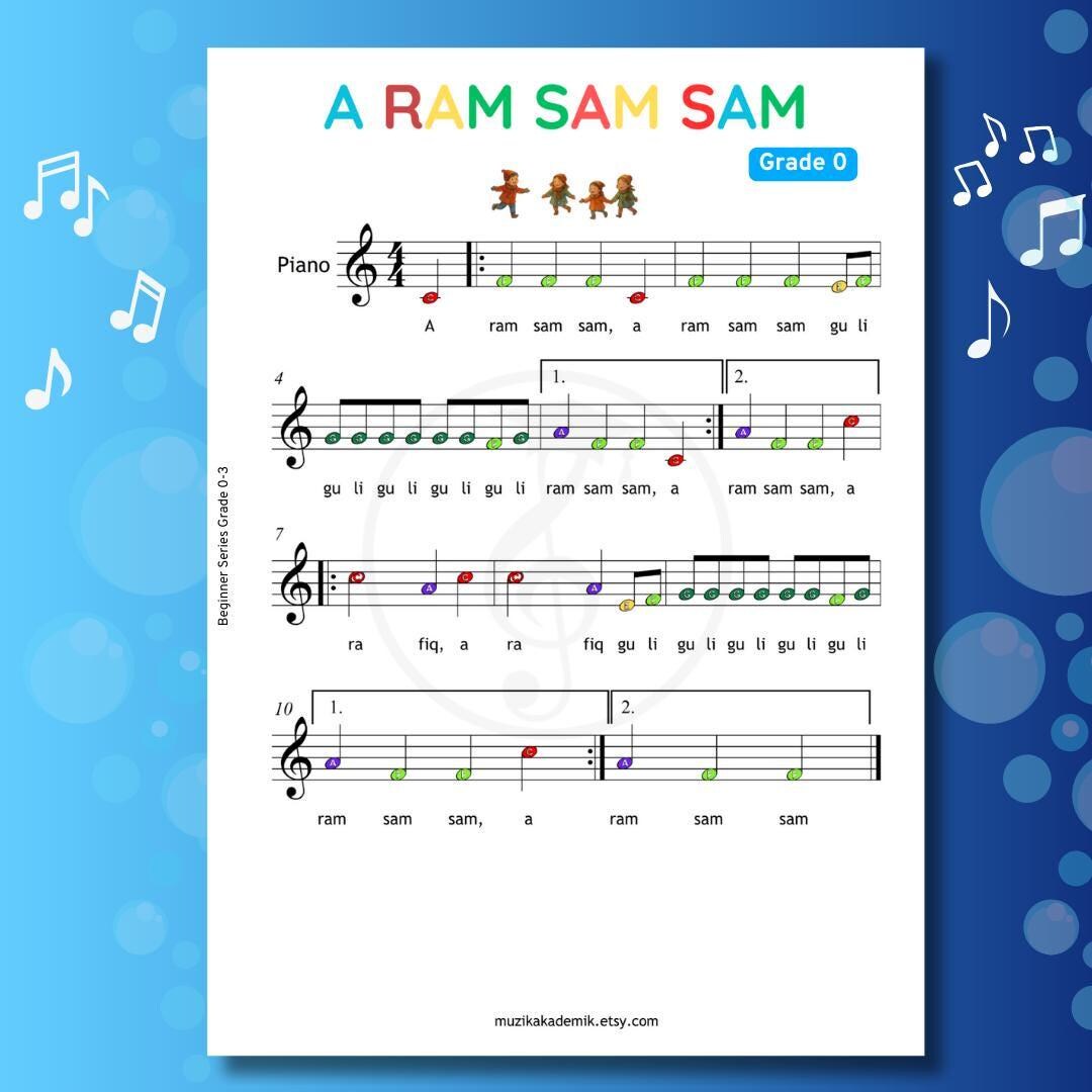 A Ram Sam Sam - Grade 0 Beginner Piano Sheet Music for Kids Color-coded ...