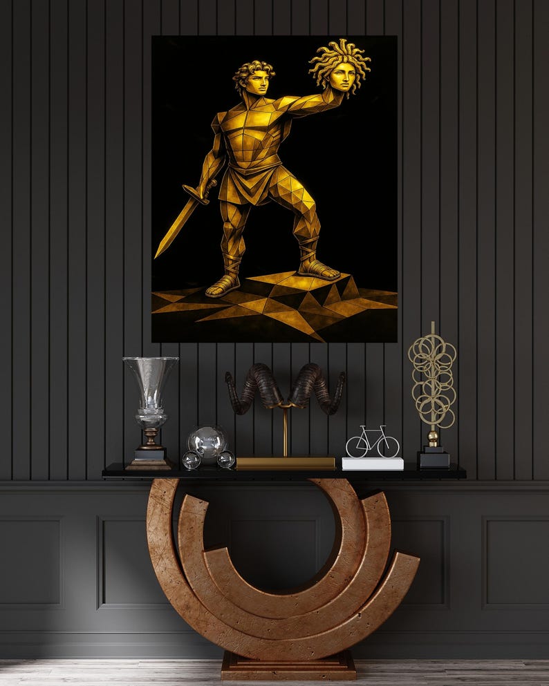 Perseus and Medusa Myth Print – Greek Hero Cubism Wall Art – Bold Titan ...