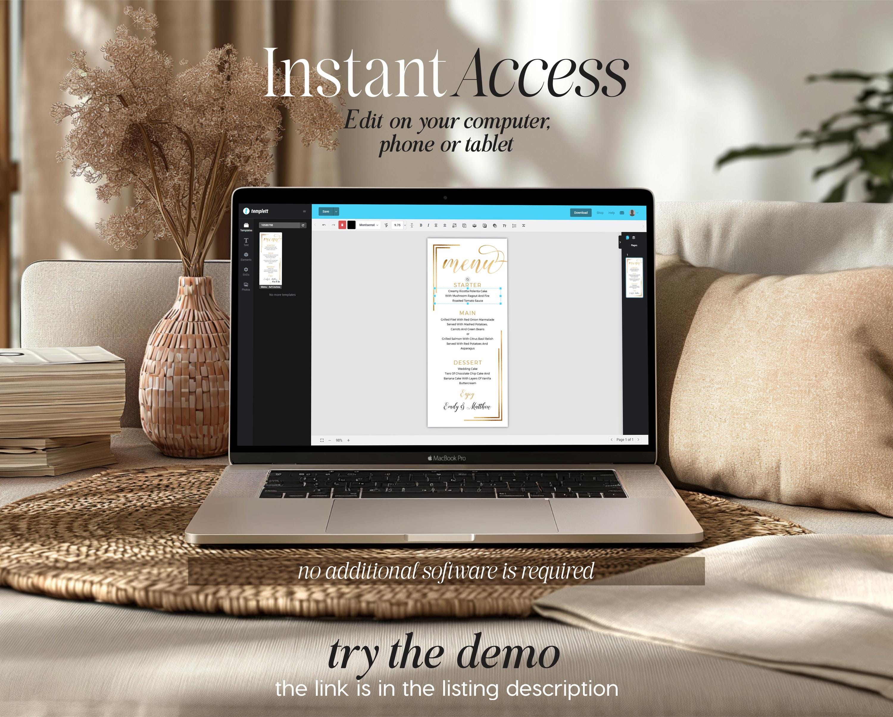 Gold Wedding Menu Template: Elegant Cursive Font (digital Download) # ...