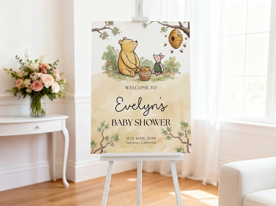Winnie the Pooh Welcome Sign: Editable Baby Shower Sign Template #cwp02 ...
