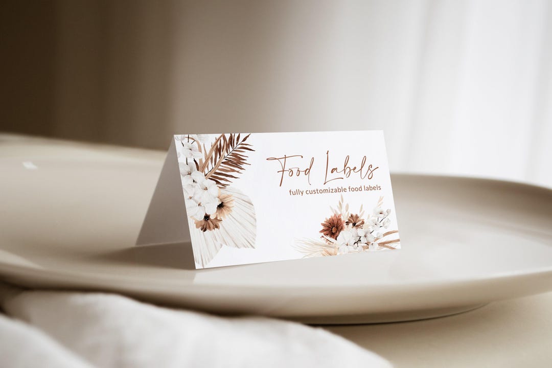 Boho Food Label Template: Editable Pampas Grass Buffet Cards for ...