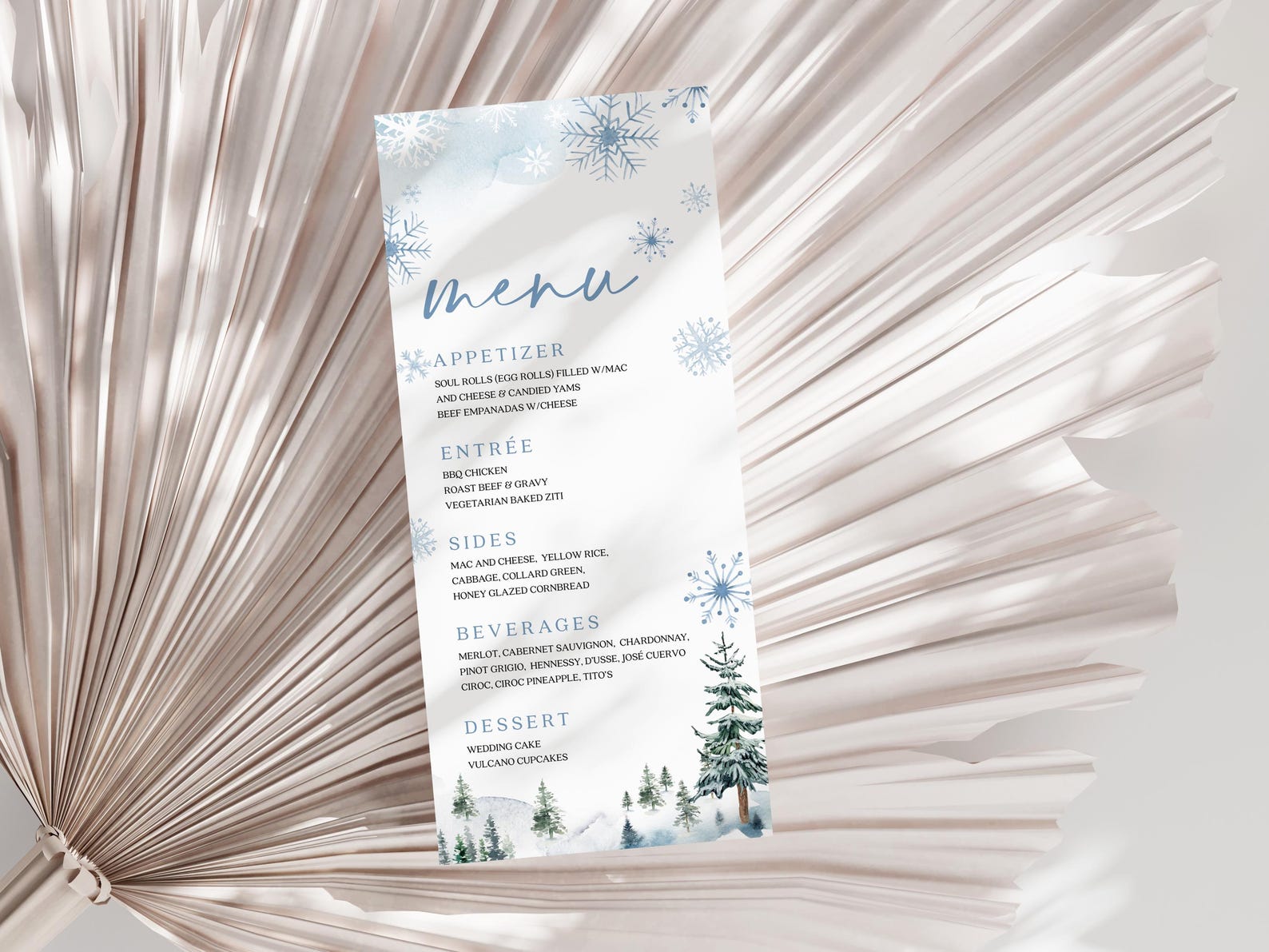 Editable Winter Wedding Menu Template: Elegant Pine & Snowflake Design ...