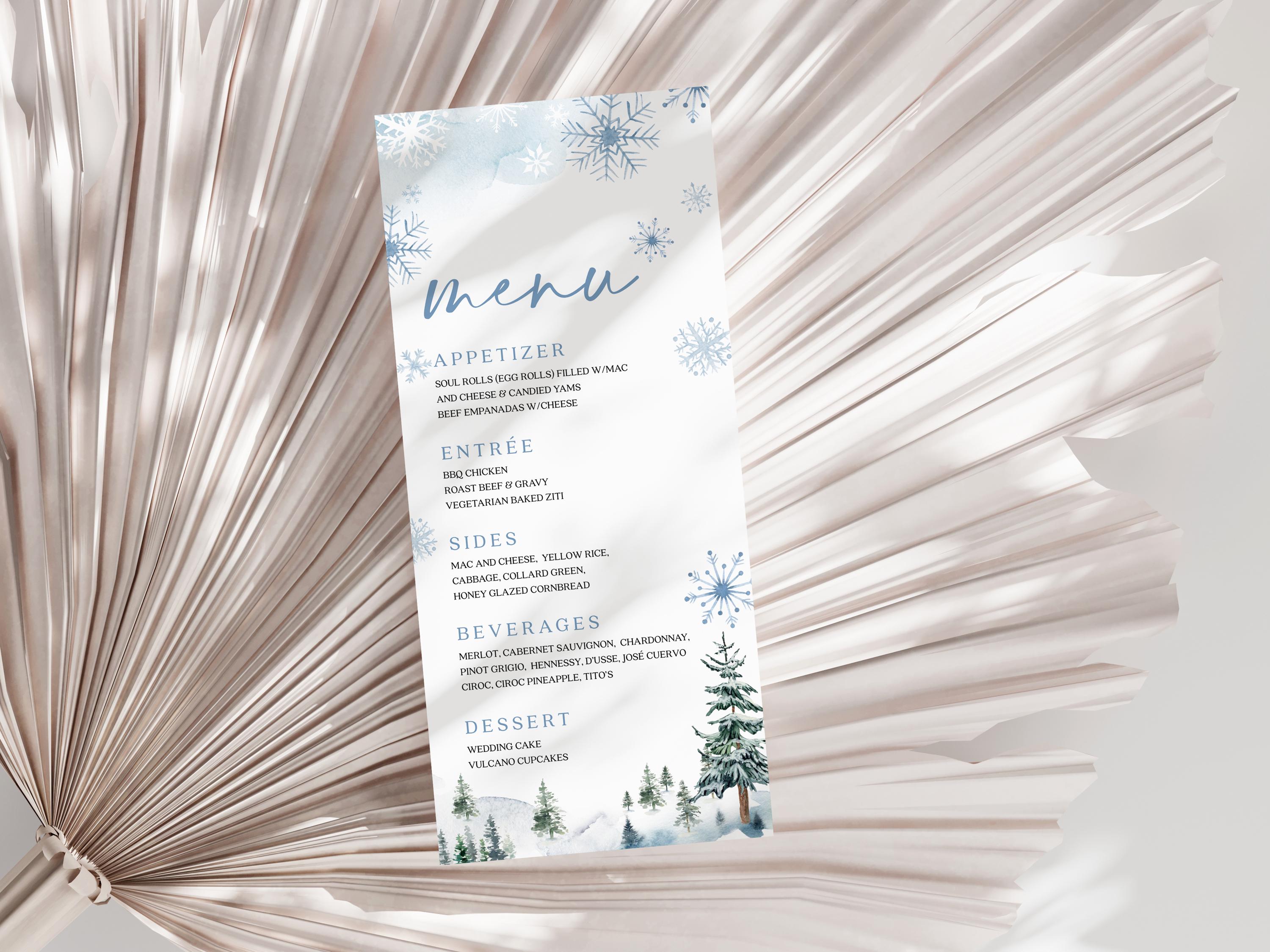 Editable Winter Wedding Menu Template: Elegant Pine & Snowflake Design ...