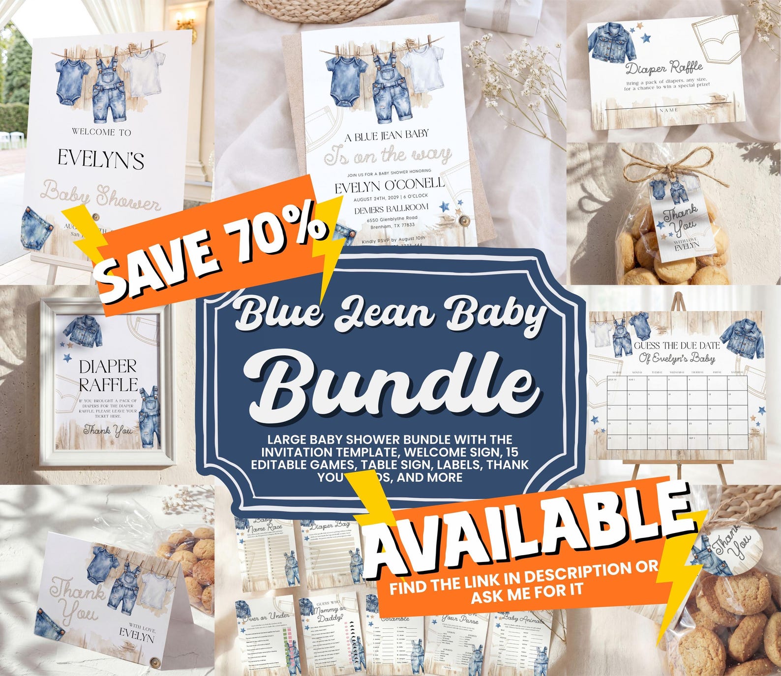 Blue Jean Baby Shower Invitation Bundle: Editable Invite, Diaper Raffle ...